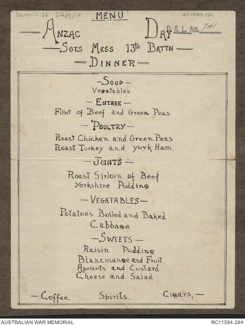 [Menu] 13th Battalion, Sergeants Mess. Anzac Day dinner | Australian ...