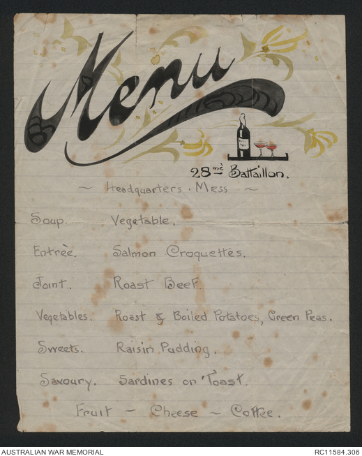 [Menu] 28th Battalion, Headquarters Mess | Australian War Memorial
