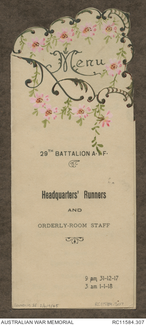 [Menu] 29th Battalion A.I.F. Headquarters’ Runners and orderly-room ...
