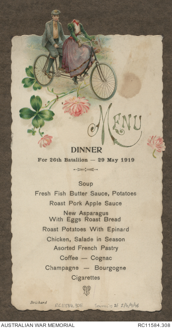 [Menu] 26th Battalion, dinner menu | Australian War Memorial