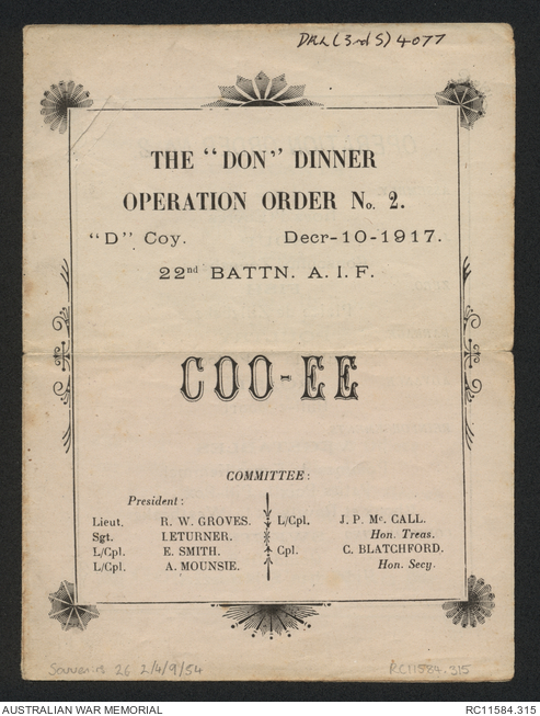 [Menu] The “Don” Dinner, Operation Order No. 2. “D” Company, 22nd ...