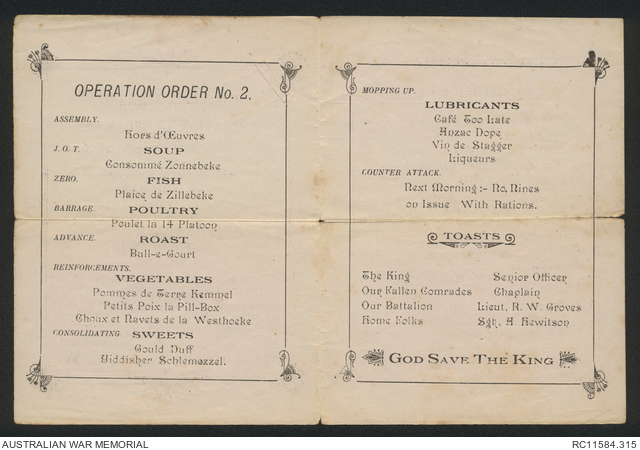 [Menu] The “Don” Dinner, Operation Order No. 2. “D” Company, 22nd ...