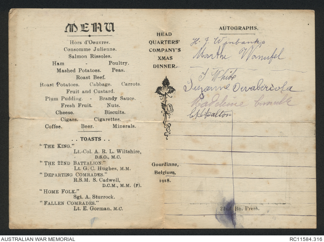 [Menu] 22nd Battalion, Headquarters’ Company’s Xmas Dinner | Australian ...