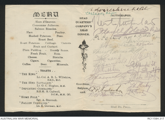 [Menu] 22nd Battalion, Headquarters’ Company’s Xmas Dinner | Australian ...