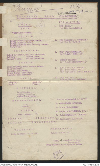 [Menu] 47th Battalion. Sergeants Mess | Australian War Memorial