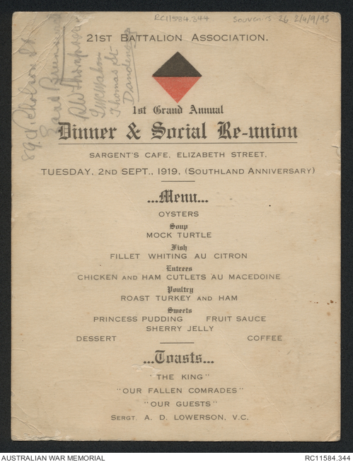 [Menu] 21st Battalion Association, 1st Grand Annual Dinner and Social ...