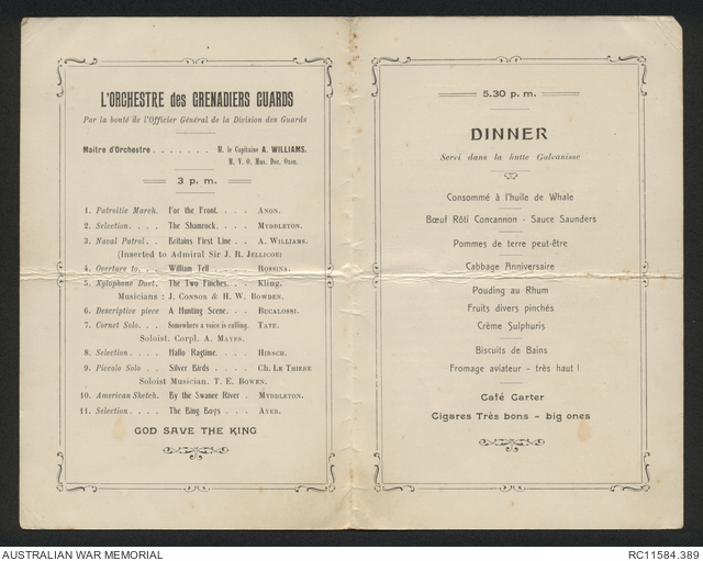 [Menu] 14th Field Ambulance, Australian Imperial Force La Premiere ...