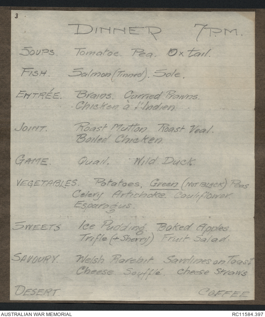 [Menu] Three sheets relating to the Army Medical Service | Australian ...
