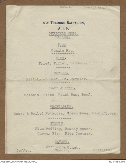 [Menu] 4th Training Battalion, A.I.F. Officers Mess | Australian War ...
