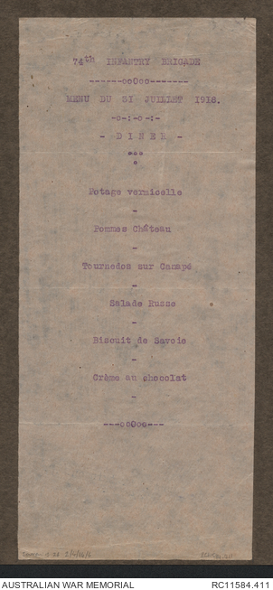 [Menu] 74th Infantry Brigade, Menu du 31 Juillet 1918 | Australian War ...