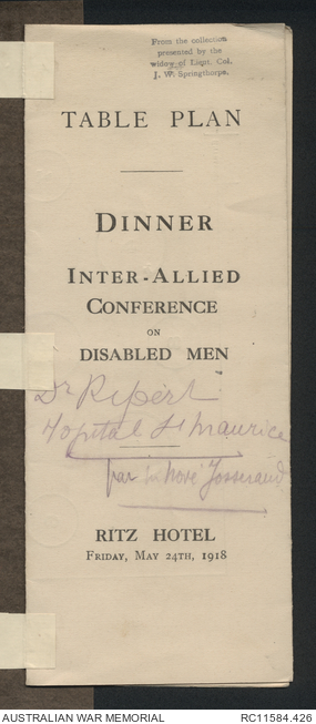 [Menu] Dinner, Inter-allied conference on Disabled men | Australian War ...