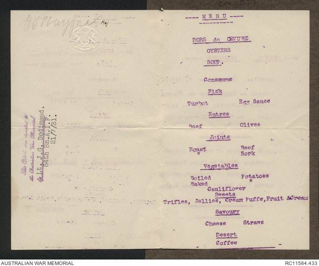 [Menu] Farewell Dinner to Colonel H. B. Collett | Australian War Memorial