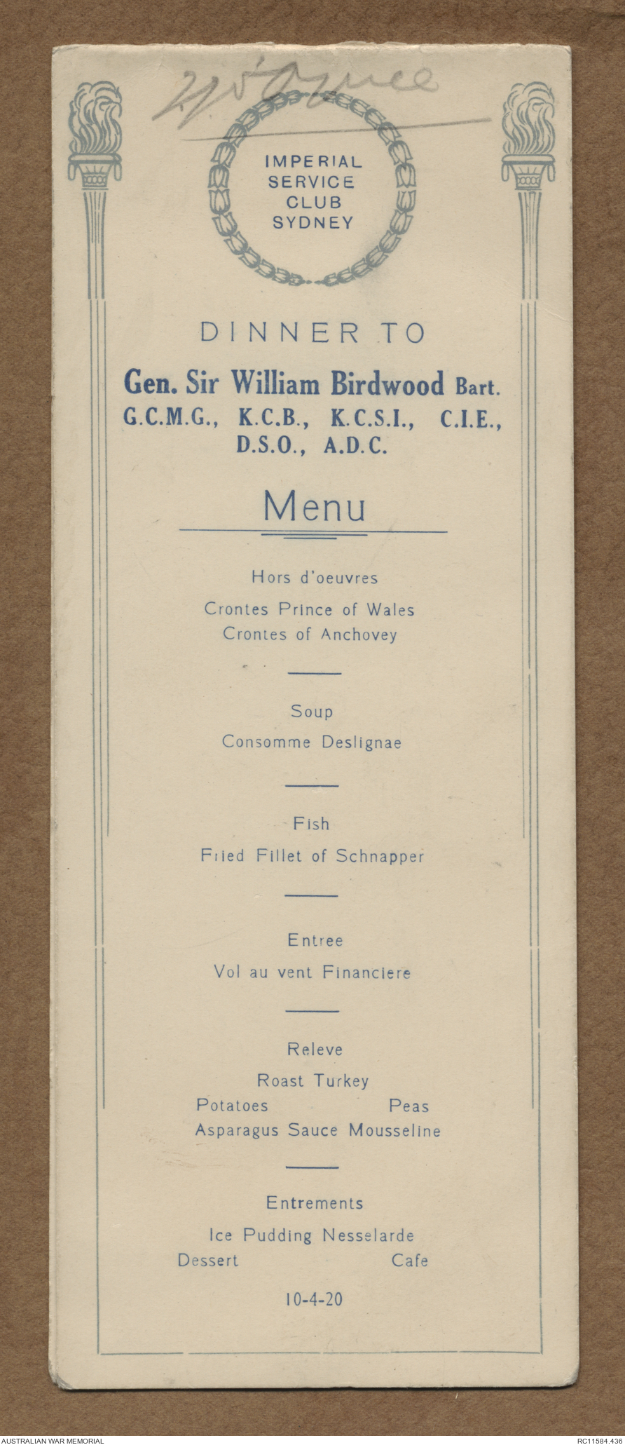 [Menu] Dinner to Gen. Sir William Birdwood | Australian War Memorial