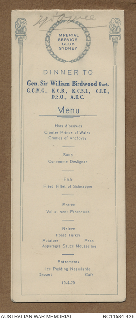 [Menu] Dinner to Gen. Sir William Birdwood | Australian War Memorial