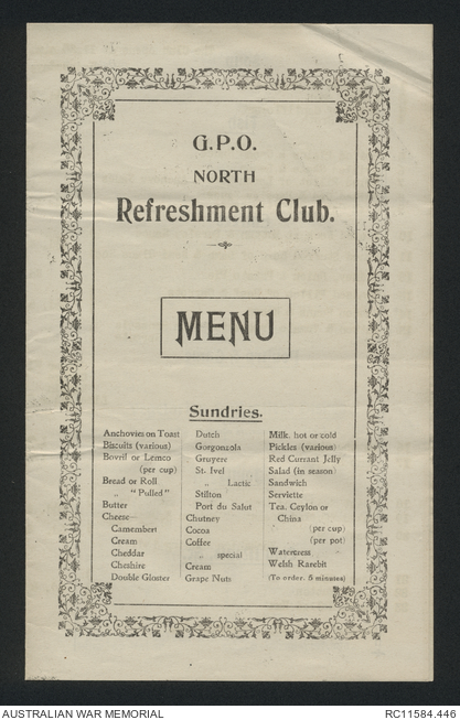 [Menu] G.P.O. North Refreshment Club | Australian War Memorial