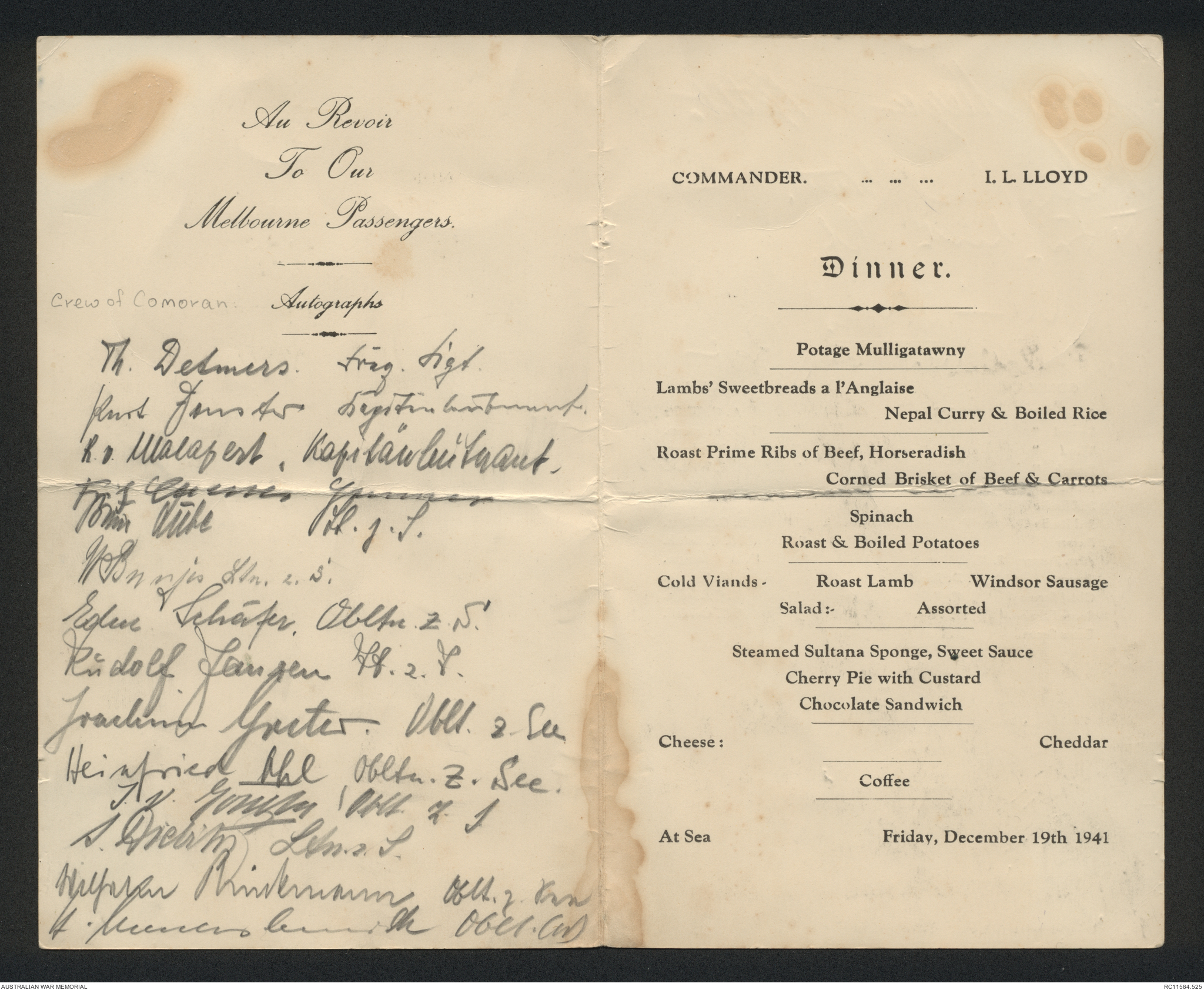 [Menu] Melbourne Steamship Line, T.S.M.V. Duntroon | Australian War ...