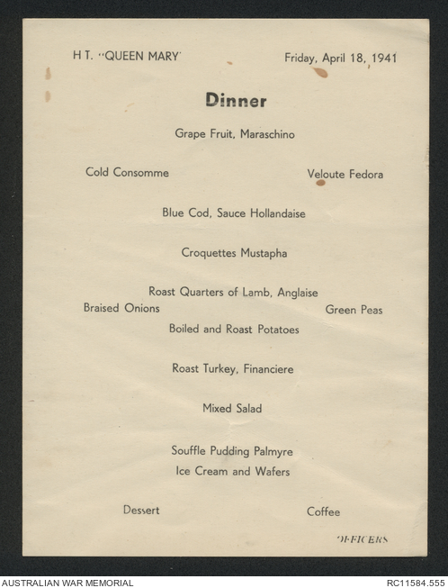 [Menu] H.T. Queen Mary | Australian War Memorial