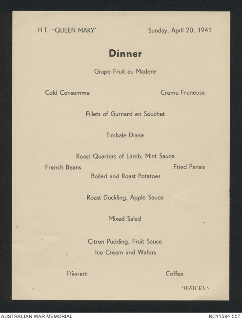 [Menu] H.T. Queen Mary | Australian War Memorial