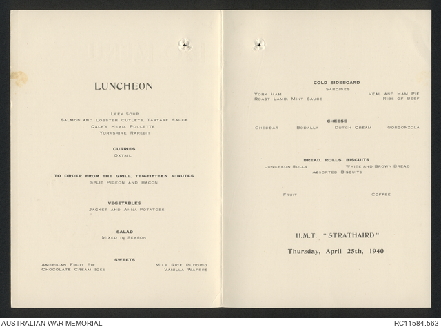 [Menu] P&O Menu, H.M.T. Strathaird | Australian War Memorial