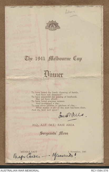[Menu] The 1941 Melbourne Cub Dinner | Australian War Memorial