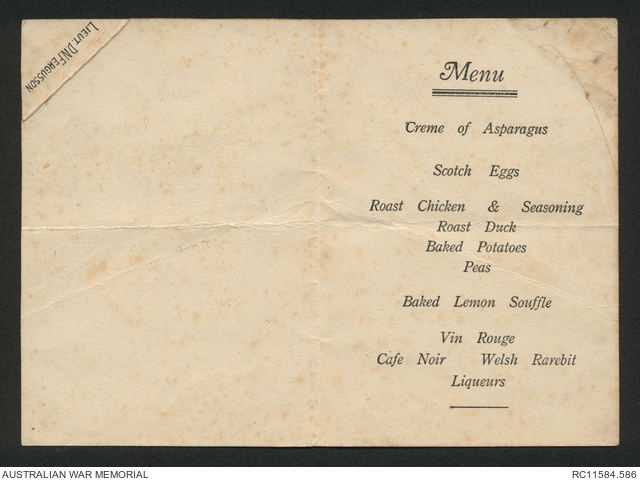 [Menu] Officers Mess, 5 Aust Fd Svy Coy AIF | Australian War Memorial