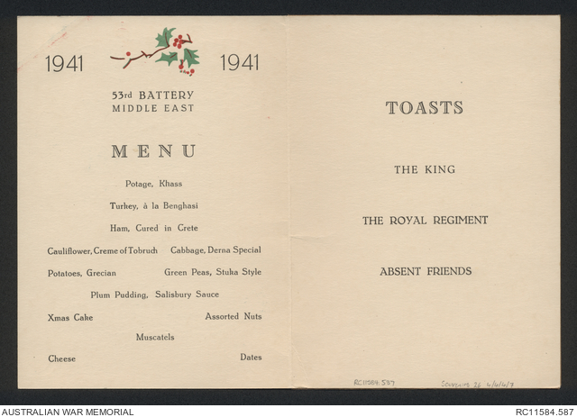 [Menu] 2/3 Field Regt, Christmas dinner 1941 | Australian War Memorial