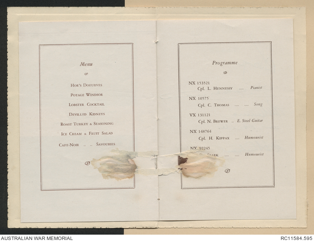 [Menu] Waterloo dinner, Officers’ Club, Lae | Australian War Memorial