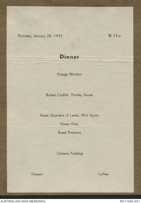 [Menu] 2/32 Bn. A.I.F. (M.E.) W.O.s dinner menu | Australian War Memorial