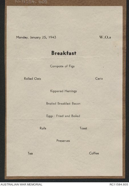 [Menu] 2/32 Bn. A.I.F. (M.E.), Breakfast menu | Australian War Memorial