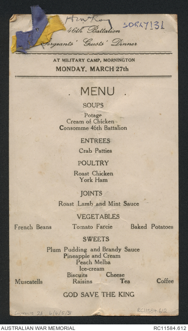 [Menu] 46th Battalion Sergeant’s Guests’ Dinner at Military Camp ...