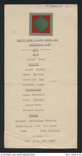 [Menu] Men’s Mess 5 Aust. Works Coy. Christmas 1944 | Australian War ...
