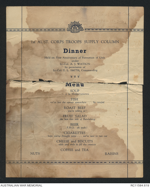 [Menu] 1st Aust. Coprs Troops Supply Column | Australian War Memorial