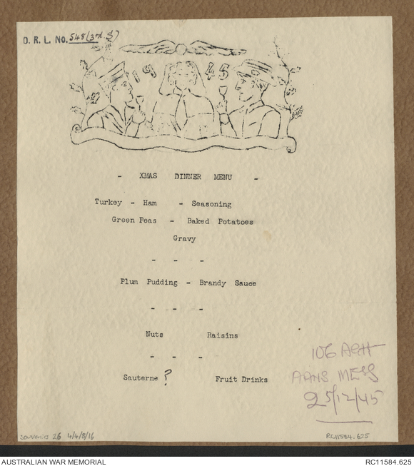 [Menu] Xmas Dinner Menu. 106 AGH, AANS (Australian Army Nursing Service ...