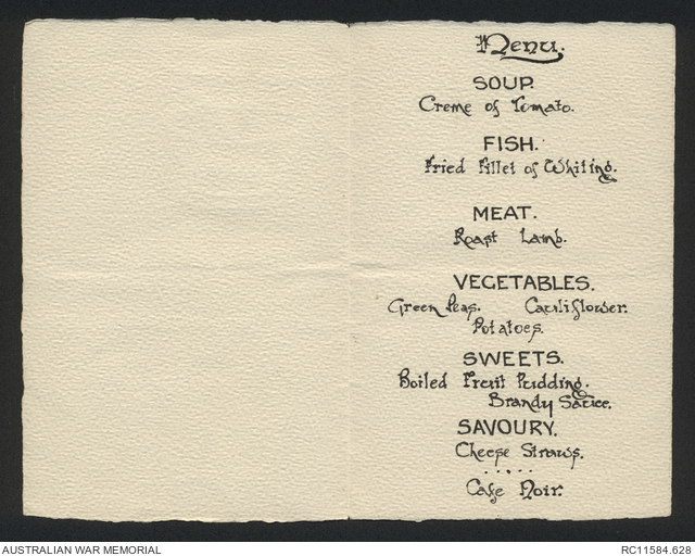 [Menu] Sergeants’ Mess, 105 A.M.H | Australian War Memorial