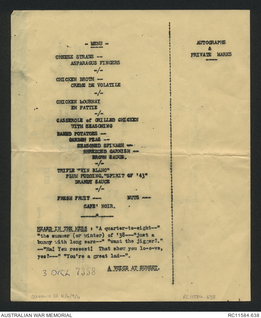 [Menu] O.C.T.U (Officer Cadet’s Training Unit) Sgts Mess. New Year ...