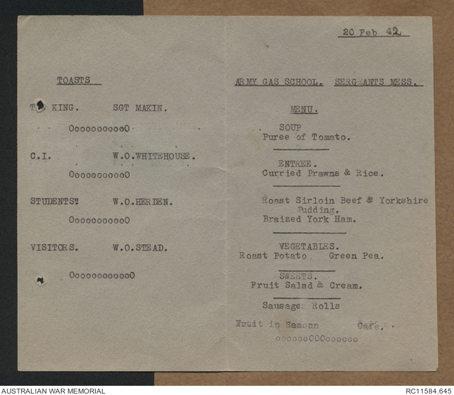 [Menu] Army Gas School. Sergeants Mess | Australian War Memorial