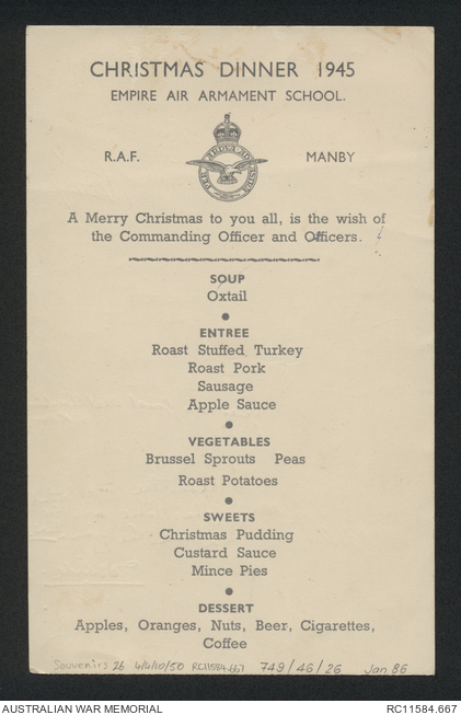 [Menu] Christmas Dinner, 1945. Empire Air Armament School. R.A.F. Manby ...