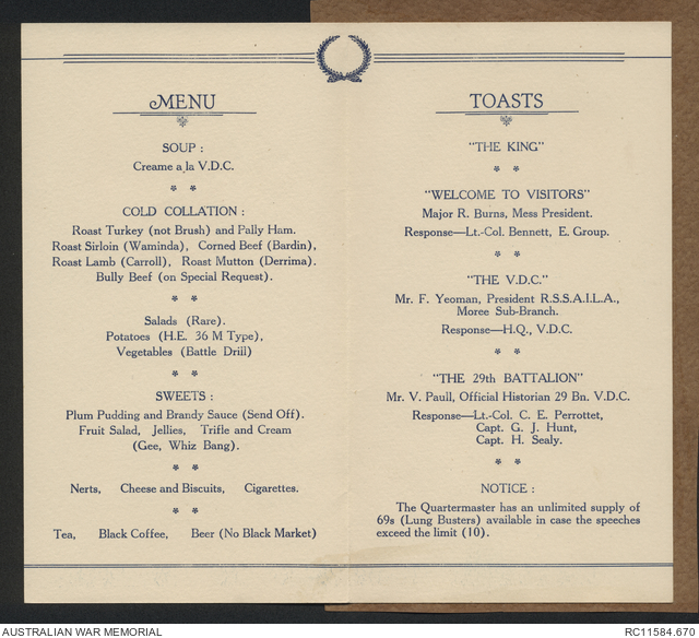 [Menu] 29th Battalion V.D.C. (Volunteer Defence Corps), Officers’ Mess ...