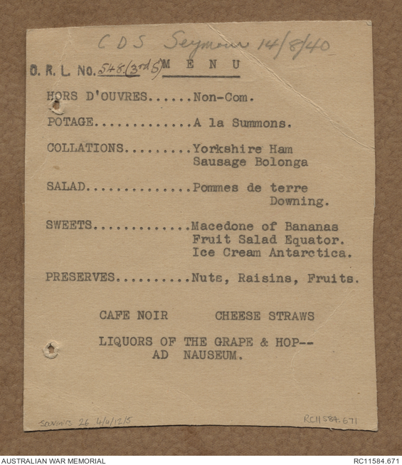 [Menu] C.D.S. (Civil Defence Serivces), Seymore | Australian War Memorial