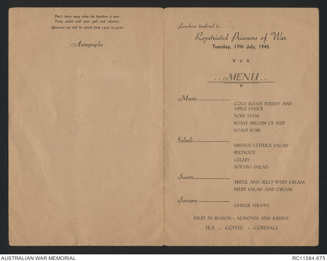 [Menu] Luncheon tendered to Repatriated Prisoners of War | Australian ...