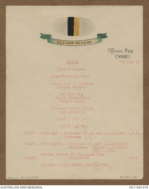 [Menu] Officers Mess, Changi | Australian War Memorial
