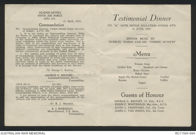 [Menu] Testimonial Dinner. Co. “A,” 440th Signal Ballation [sic] (Cons ...