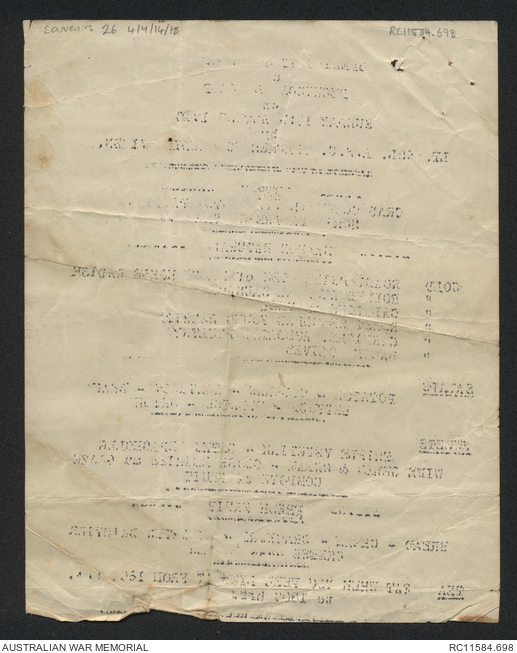 [Menu] Opening of Sgts. Mess at Pennings 5 Camp | Australian War Memorial