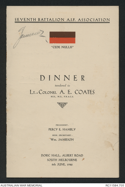 [Menu] Dinner tendered to Lt. Colonel A. E. Coates | Australian War ...