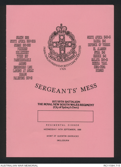 [Menu] Royal N.S.W. Regiment, Sergeants’ Mess. 1st/19th Battalion, The ...