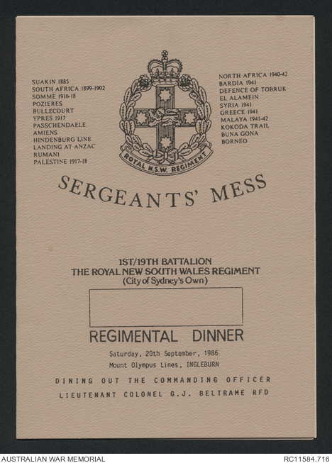 [Menu] Royal N.S.W. Regiment, Sergeants’ Mess. 1st/19th Battalion, The ...