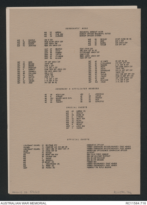 [Menu] Royal N.S.W. Regiment, Sergeants’ Mess. 1st/19th Battalion, The ...