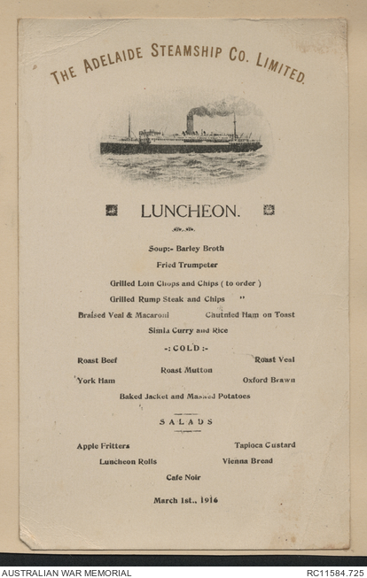 [Menu] H.M.T. Wandilla. Luncheon menu | Australian War Memorial