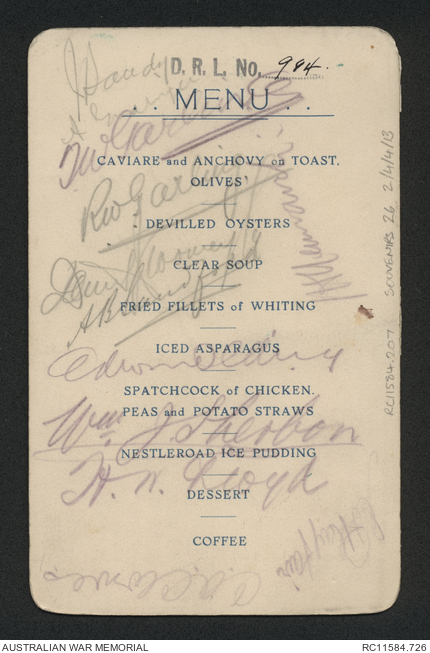 [Menu] 1st Field Artillery Brigade, A.I.E.F. Officers’ Mess. Dinner ...