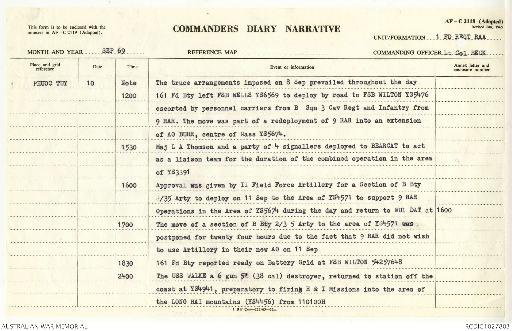 AWM95 3/6/18 - 1-30 September 1969, Narrative | Australian War Memorial